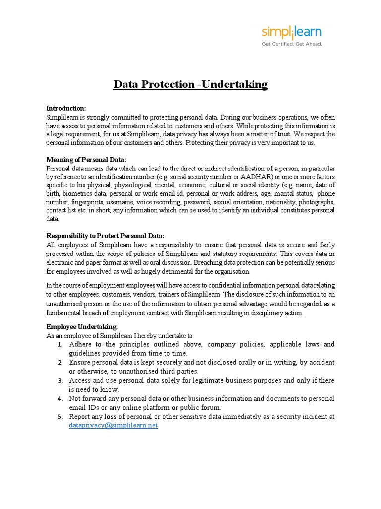 Data Protection Undertaking | PDF | Information Privacy | Identity Document