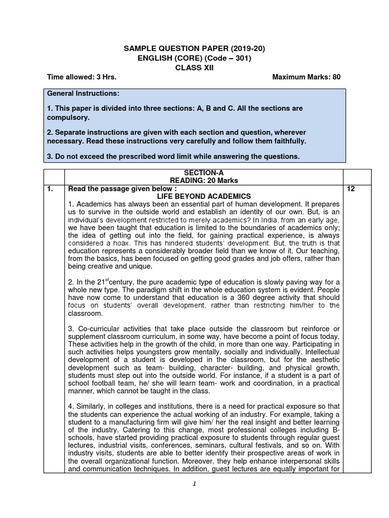 CBSE Class 12 English Sample Paper 2020 | PDF