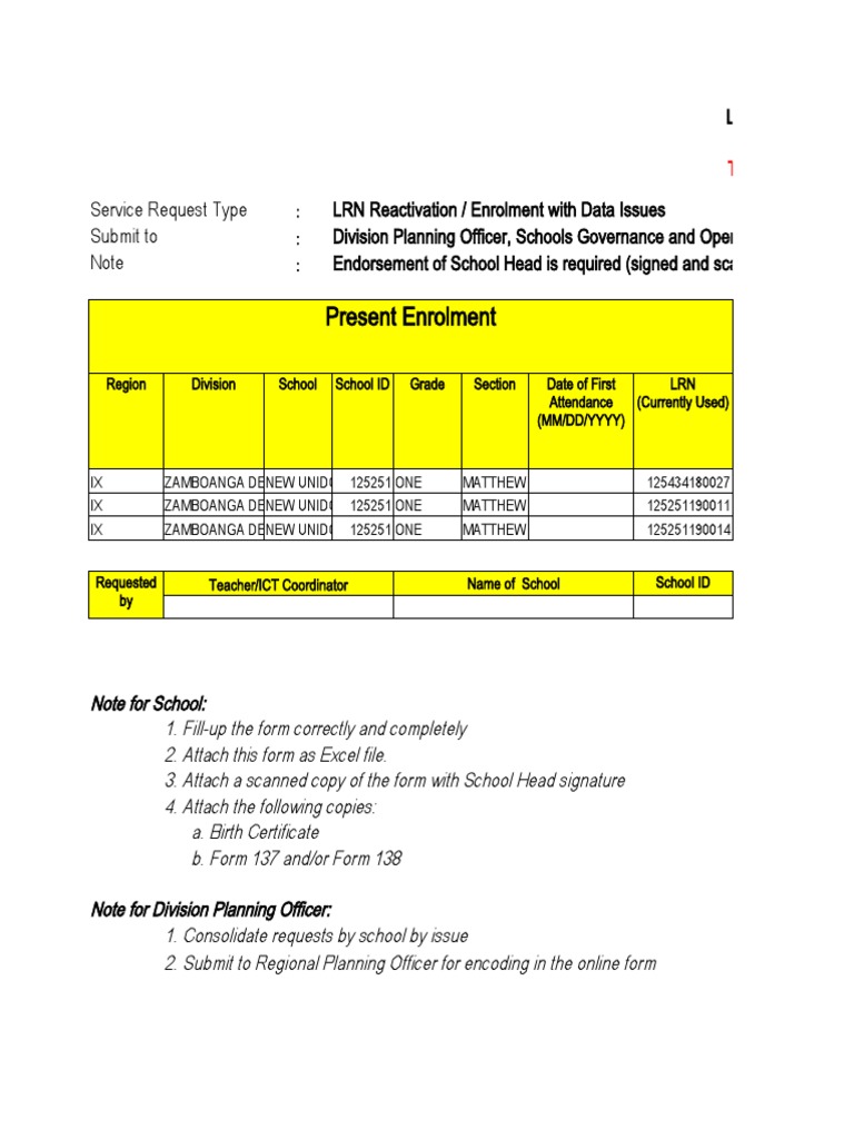 Present Enrolment: Template For LRN Reactivation / Enrollment With Data ...