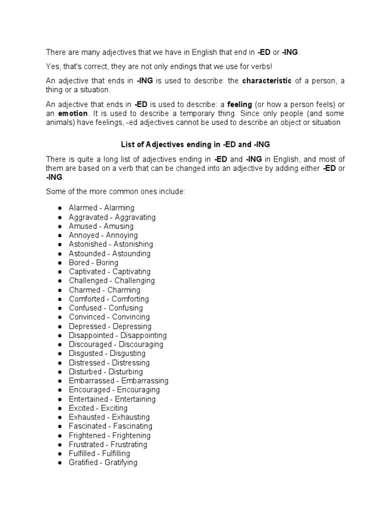 List of Adjectives Ending in - ED and - ING | PDF | Adjective | Syntax