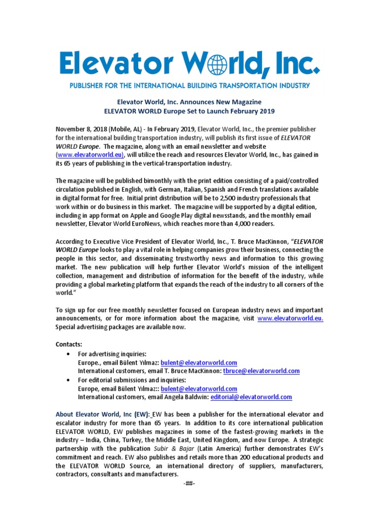 Elevator World, Inc. Announces New Magazine ELEVATOR WORLD Europe Set ...