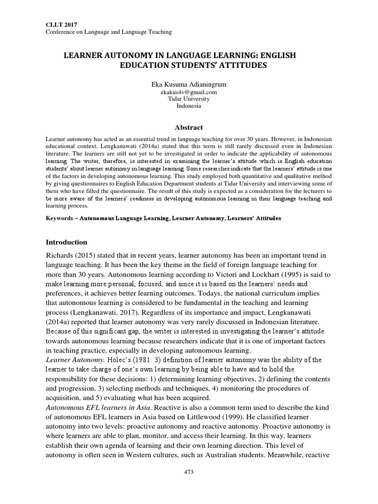 Learner Autonomy in Language Learning: English Education Students' Attitudes | PDF | Autonomy ...