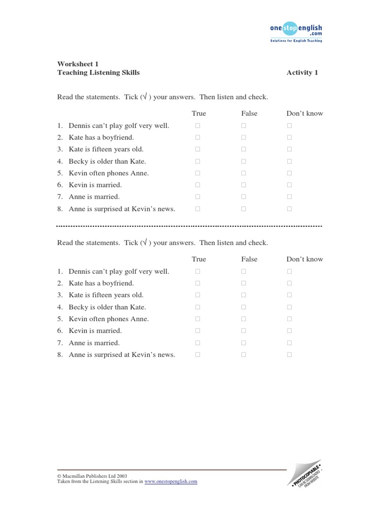 Worksheet 1 Teaching Listening Skills Activity 1 | PDF