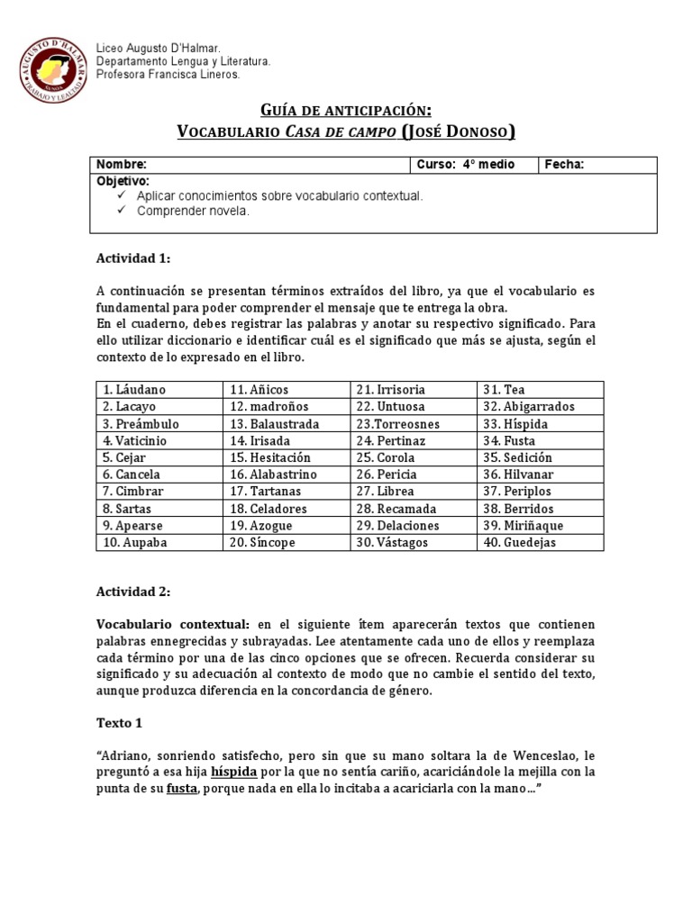 Guía Vocabulario "Casa de Campo" | PDF | Naturaleza | Ropa