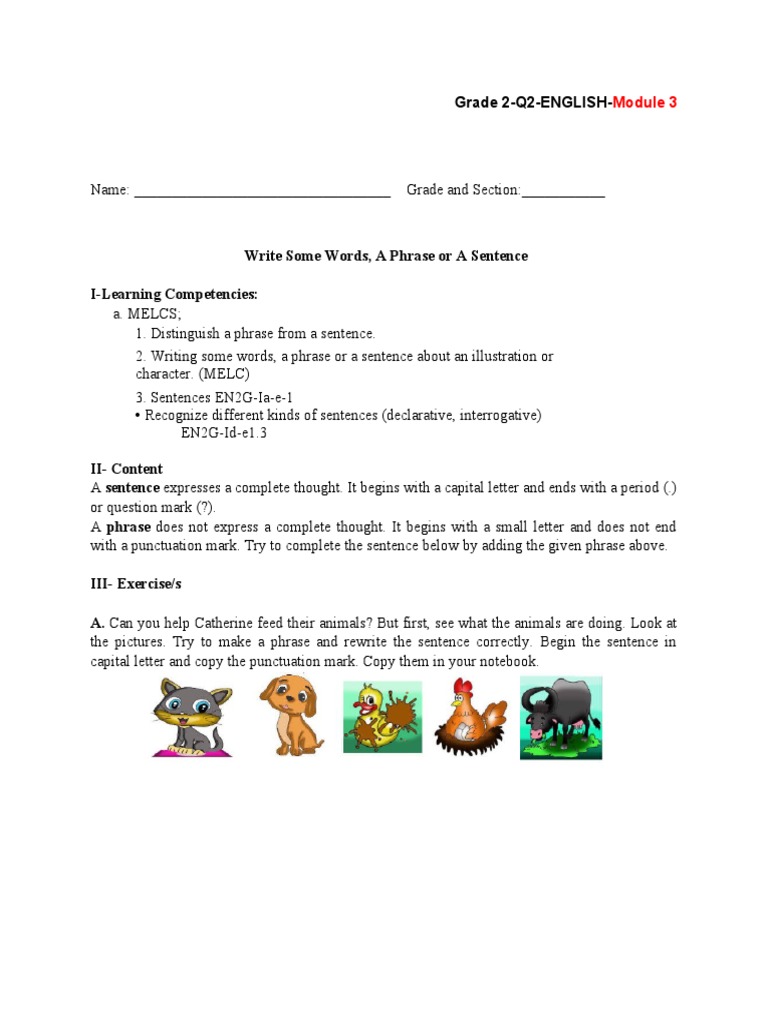Grade 2 q2 English Module 3 | PDF | Question | Sentence (Linguistics)