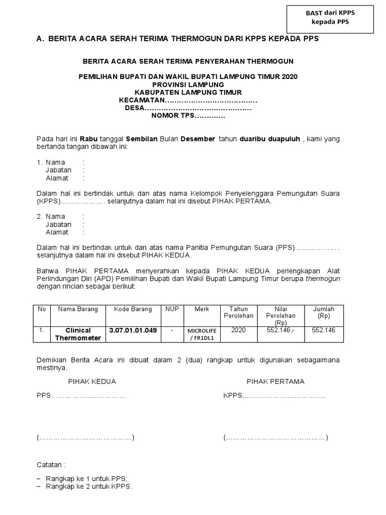 Format BAST Thermogun Dari KPPS Ke PPS | PDF