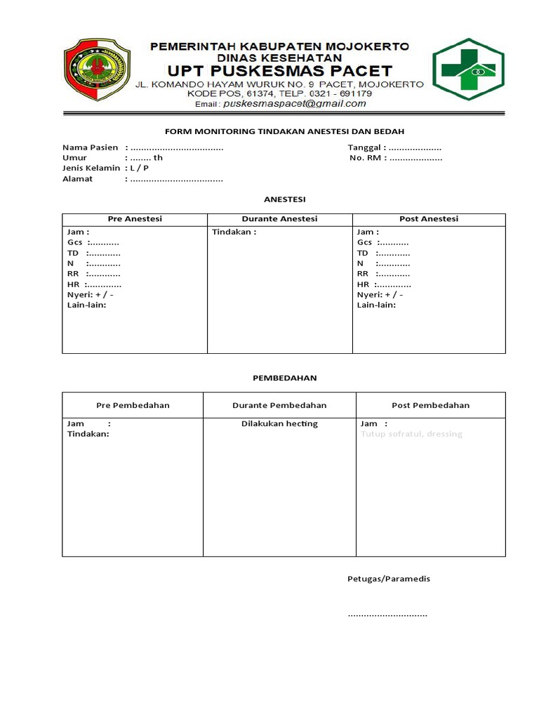 Form Monitoring Pre Dan Post Anestesi Dan Bedah | PDF