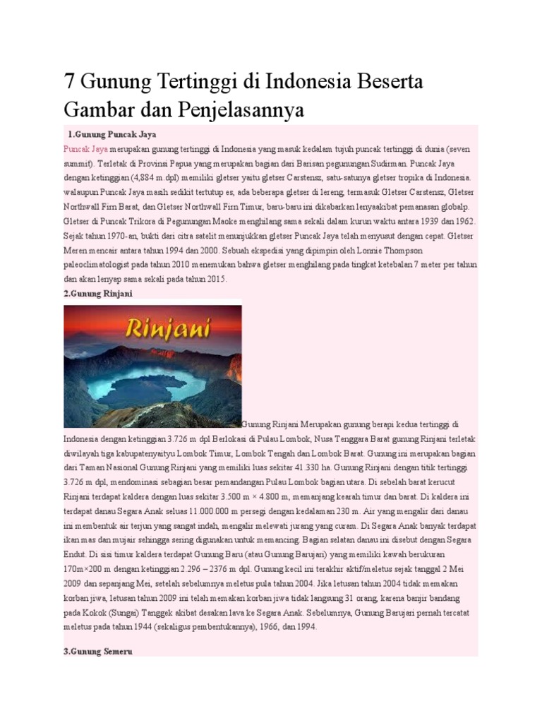 Seven Tallest Mountains in Indonesia | PDF