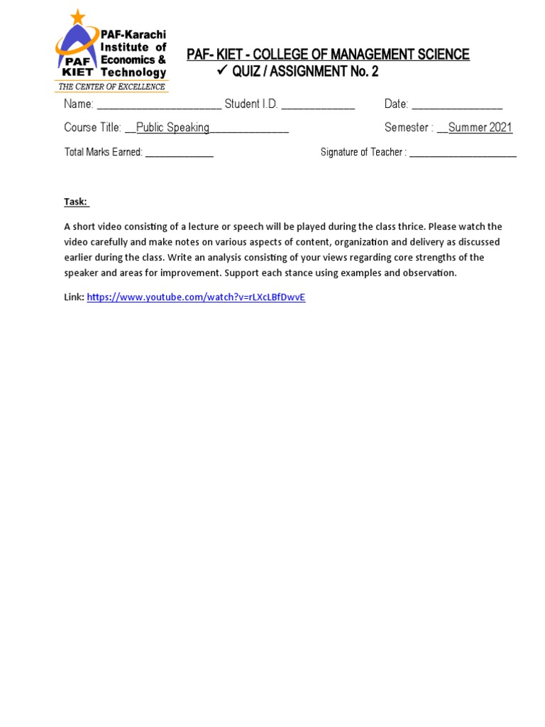 Paf-Kiet - College of Management Science Quiz / Assignment No. 2 | PDF