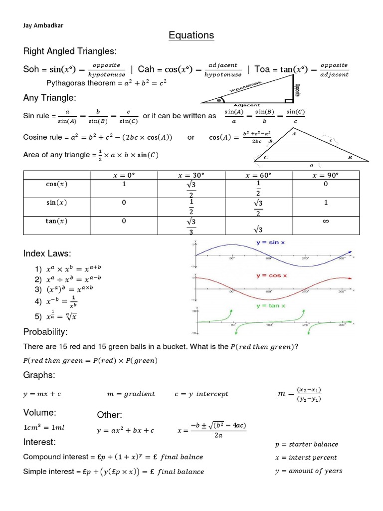Equations: Right Angled Triangles: Soh Sin ( °) - Cah Cos ( °) - Toa ...