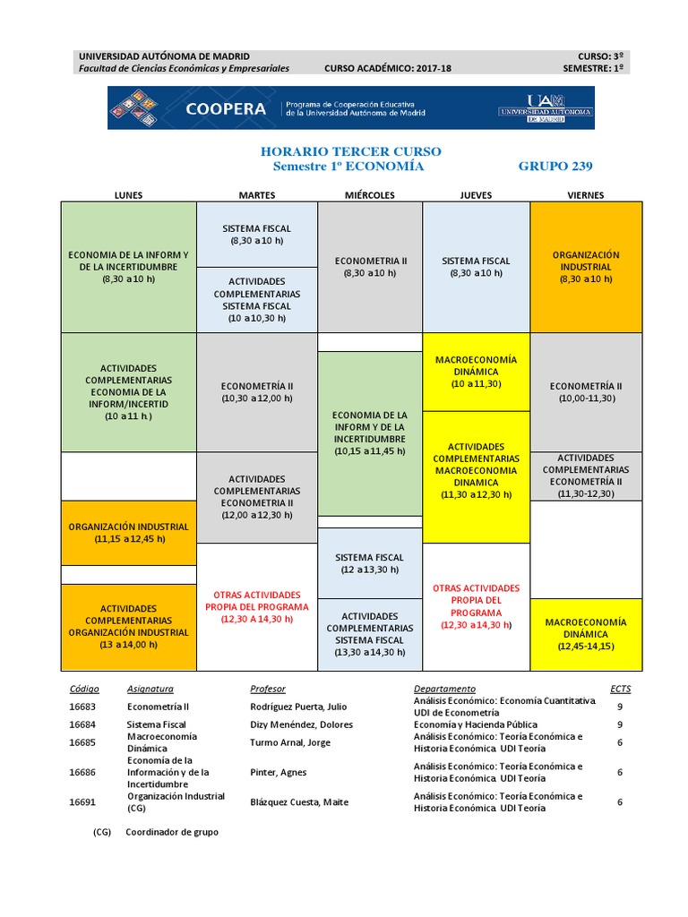 Horarios y Asignaturas Economía UAM | PDF | Métodos matemáticos y ...
