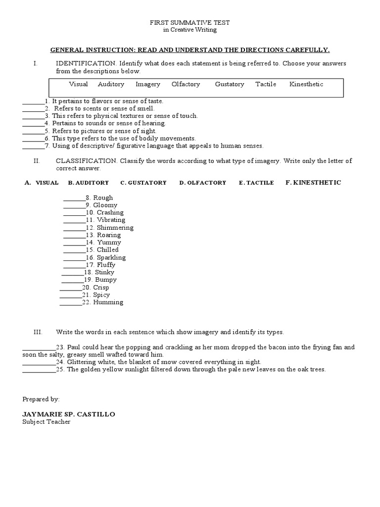 First Summative Test Creative Writing | PDF | Self-Improvement