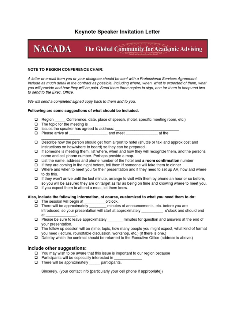 Keynote Speaker Sample Letter
