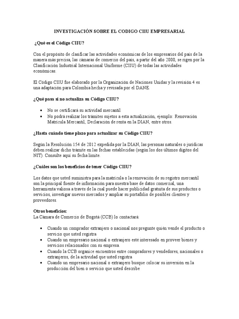 INVESTIGACIÓN SOBRE EL CODIGO CIIU EMPRESARIAL | PDF | Comercio ...