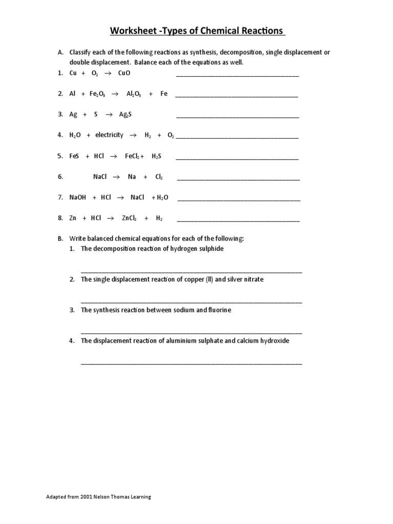 Worksheet - Types of Chemical Reactions | PDF
