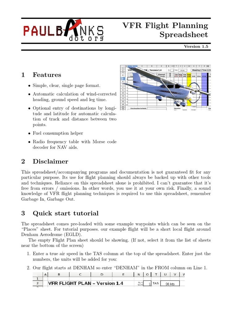 VFR Flight Plan | PDF | Spreadsheet | Aviation