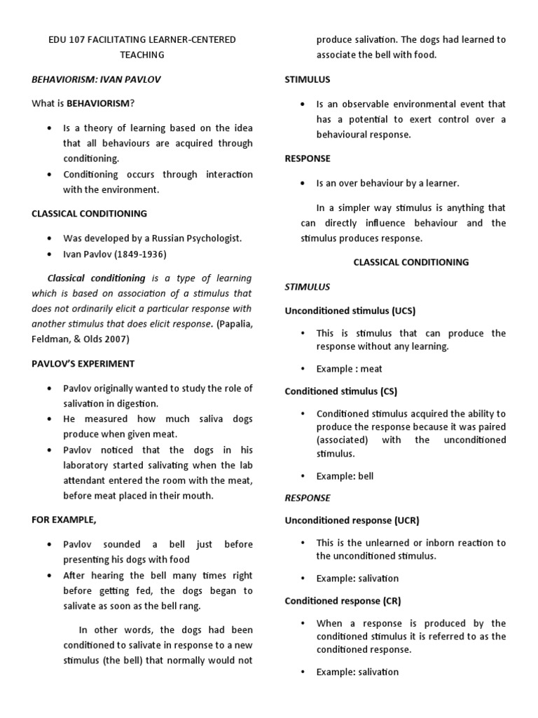 Behaviorism: Ivan Pavlov: Stimulus | PDF | Classical Conditioning ...