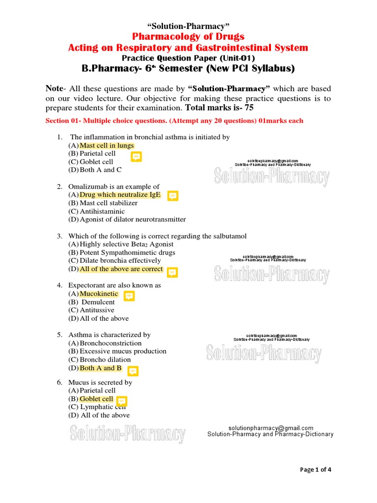 Unit 01 Drug Acting On Respiratory System And Git Pdf Asthma Drugs