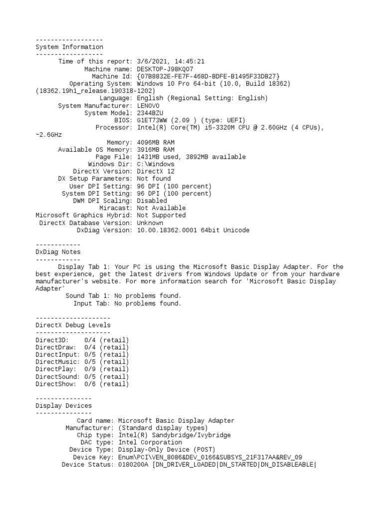 DX Diag | PDF | Device Driver | Computer Hardware