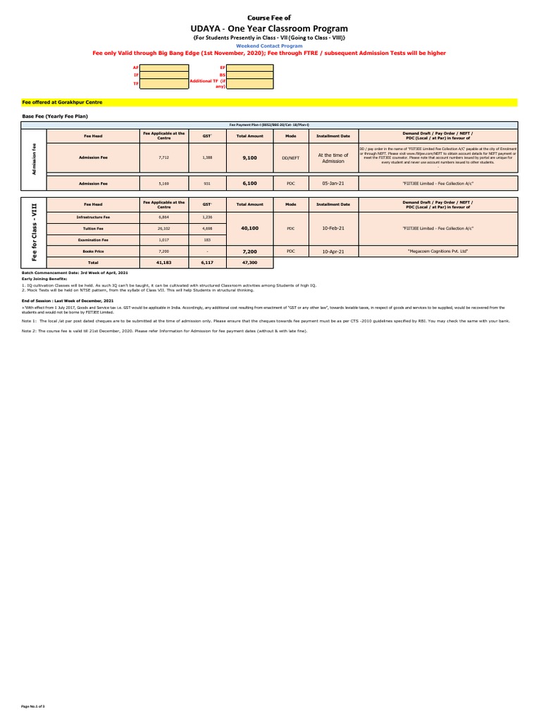 UDAYA - One Year Classroom Program | PDF | Fee | Cheque