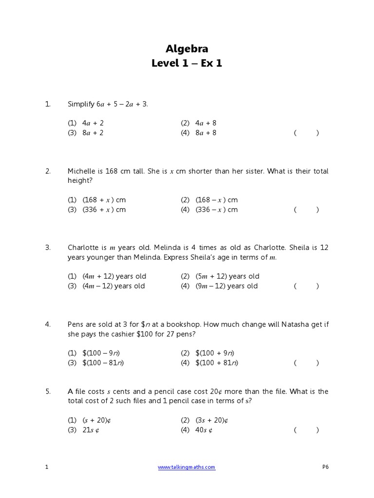 Algebra Level 1 - Ex 1 | Download Free PDF | Length | Geometric Measurement