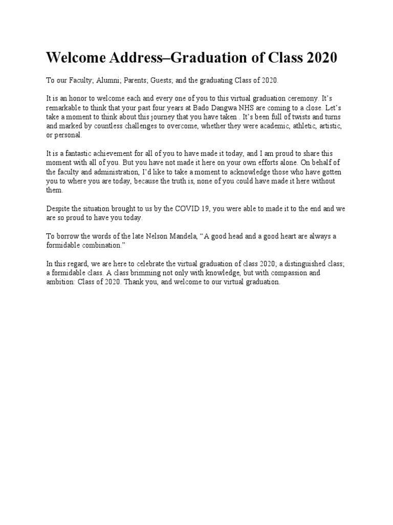 Welcome Address-Graduation of Class 2020 | PDF