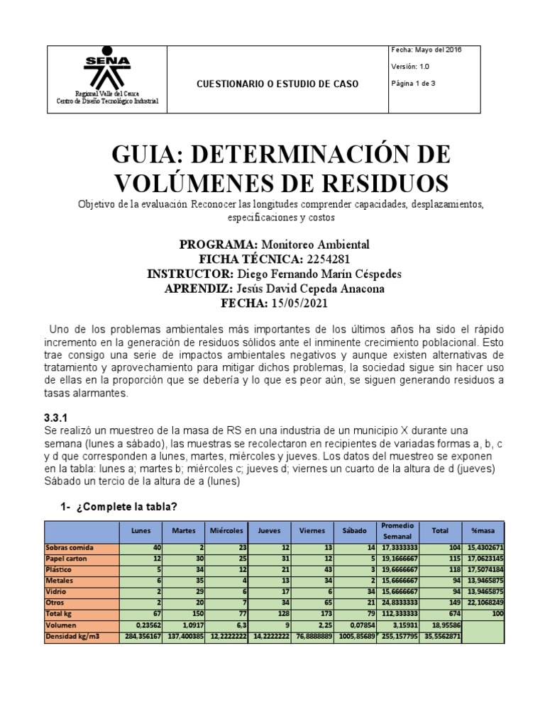Taller de Calculos Volumenes de Residuos | PDF | Residuos | Naturaleza
