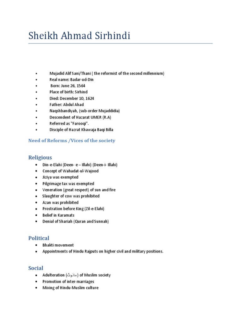 Sheikh Ahmad Sirhindi: Religious | PDF | Sufism | Abrahamic Religions