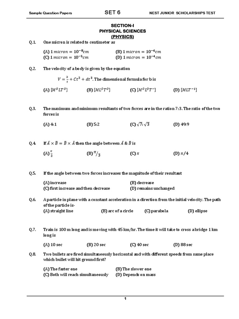 Section-I Physical Sciences (Physics) : Sample Question Papers Nest ...