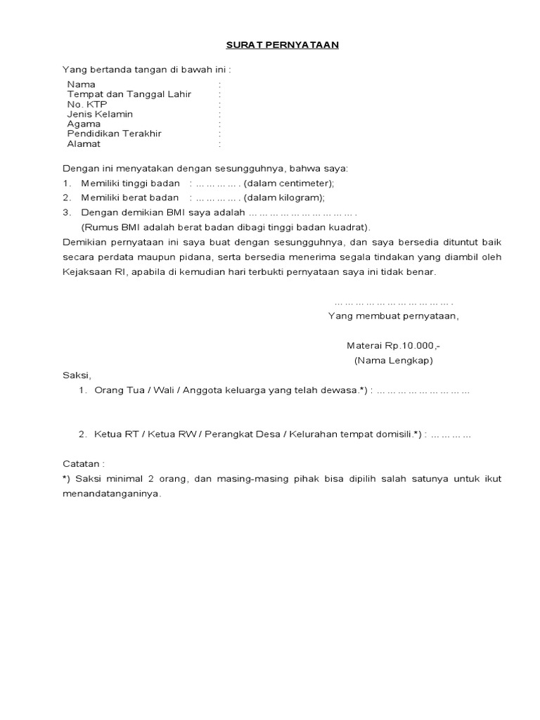 Surat Pernyataan TB BB Bmi | PDF