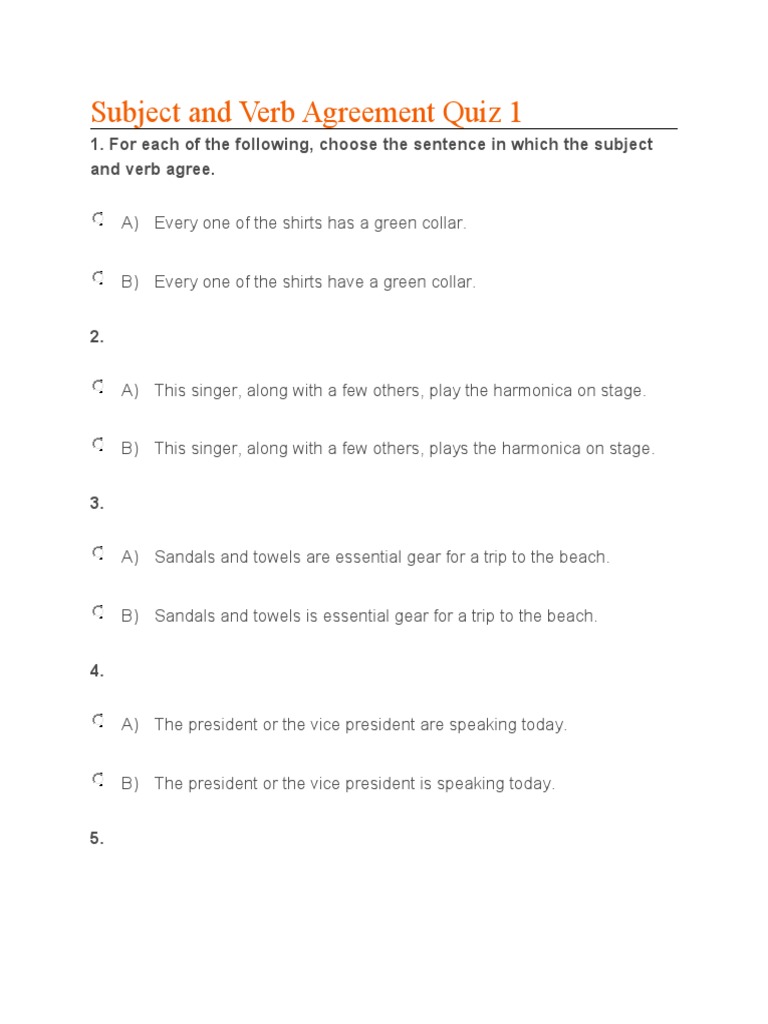 Subject-Verb Agreement Quiz 1 | PDF | Grammatical Number | Plural