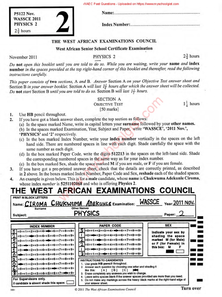 Waec Physics November 2011 Paper 2 Objective and Essay | PDF