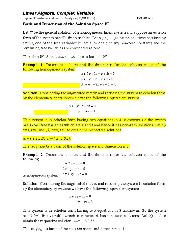 Basis and Dimension of The Solution Space W:: Linear Algebra, Complex ...