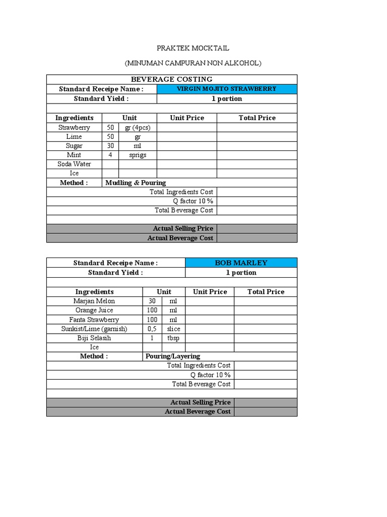 Beverage Costing Standard Receipe Name: Standard Yield: 1 Portion ...