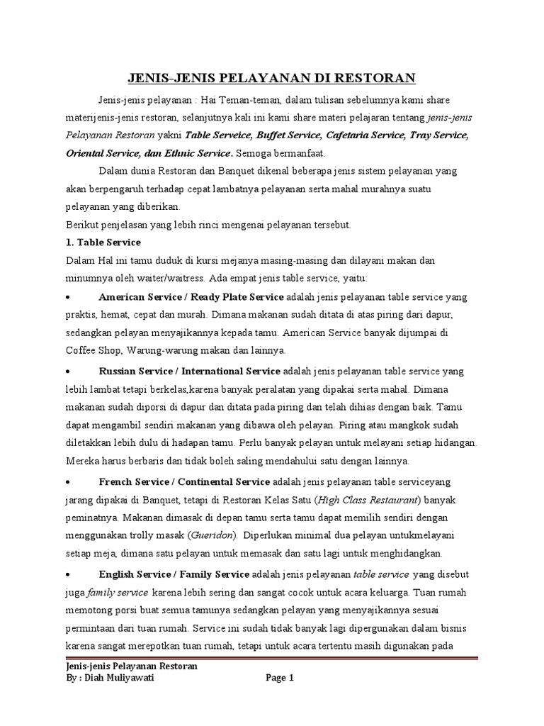 Jenis Pelayanan Restoran | PDF | Memasak, Makanan, & Anggur | Kesehatan ...