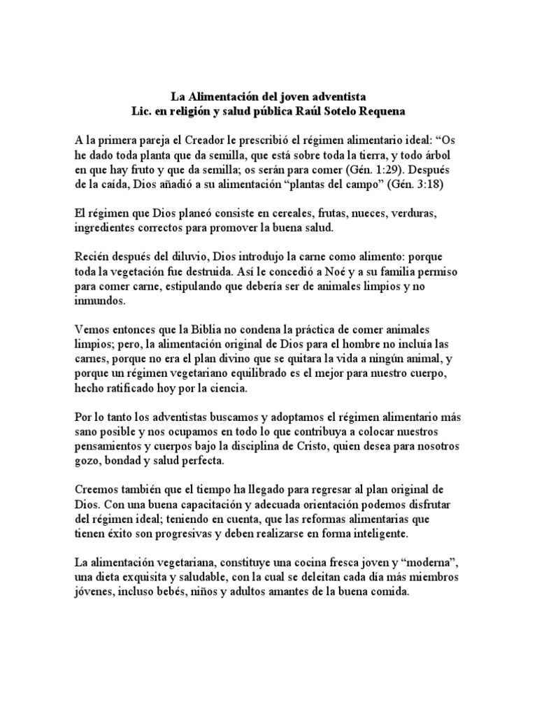 Alimentacion | PDF | Iglesia Adventista del Séptimo Día | Alimentos