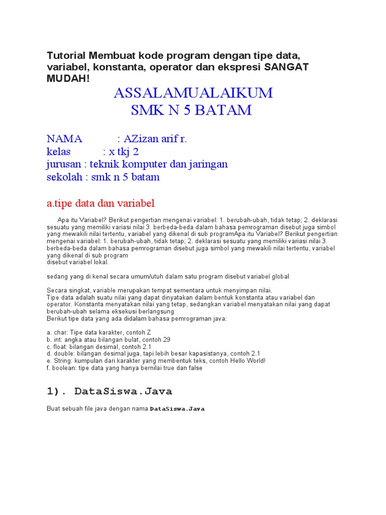 Tutorial Membuat Kode Program Dengan Tipe Data | PDF