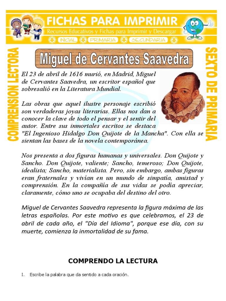 Miguel de Cervantes Saavedra para Sexto de Primaria | PDF | Don Quijote ...