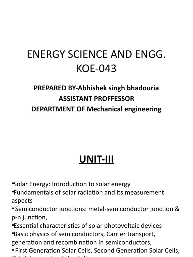 Energy Science and Engg. KOE-043 | PDF | Solar Energy | Solar Power