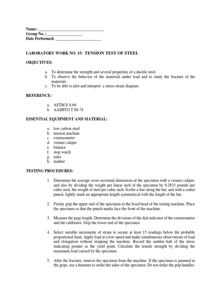 Steel Bar Tensile Test Procedure | PDF | Strength Of Materials | Solid ...