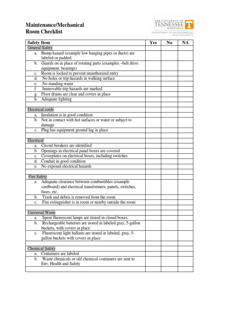 Maintenance/Mechanical Room Checklist: Safety Item Yes No NA | PDF