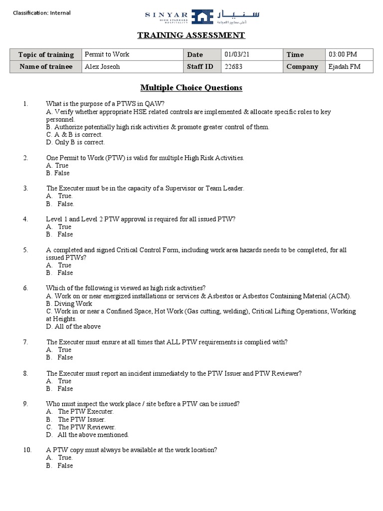 Training Assessment: Topic of Training Date Time Name of Trainee Staff ...