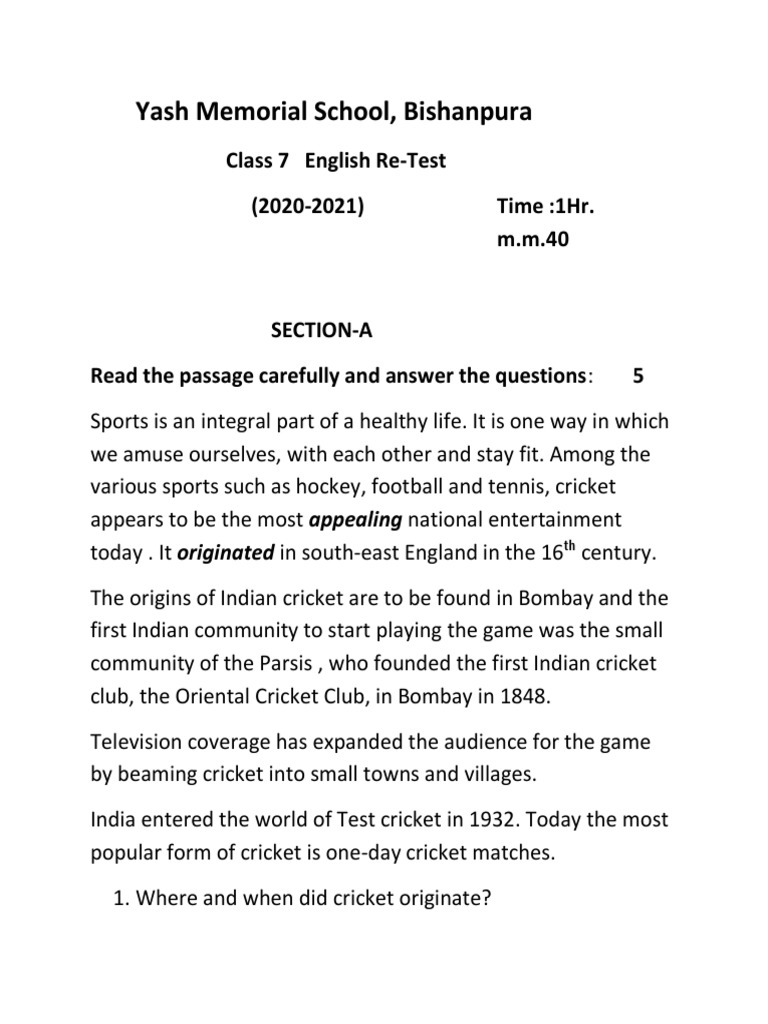 Class 7 Re - Test English | PDF