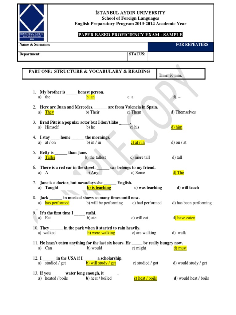 Paper Based Proficiency Exam Sample 2014 2015 Answer Key | PDF | Africa ...