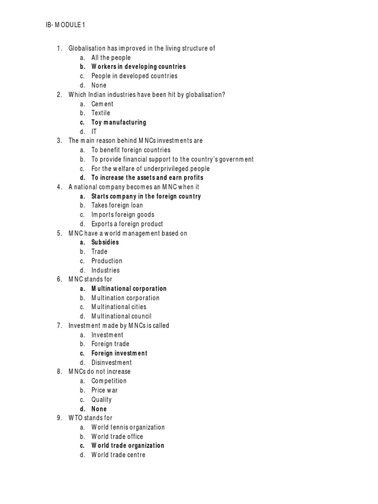 MCQ IB Module 1 Exam | PDF | Multinational Corporation | International ...
