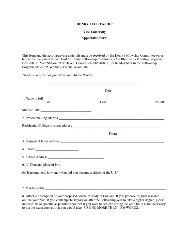 This Form May Be Completed Through Adobe Reader.: Henry Fellowship Yale University Application ...