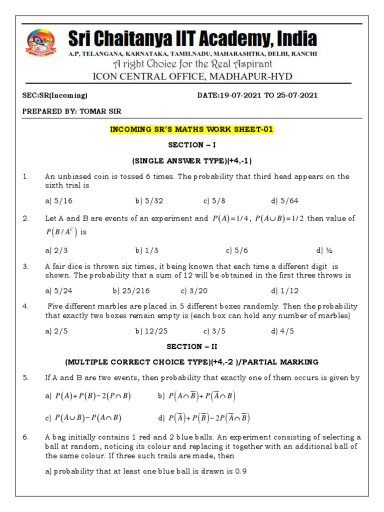 Maths Probability Worksheet Answers | PDF | Probability | Probability ...