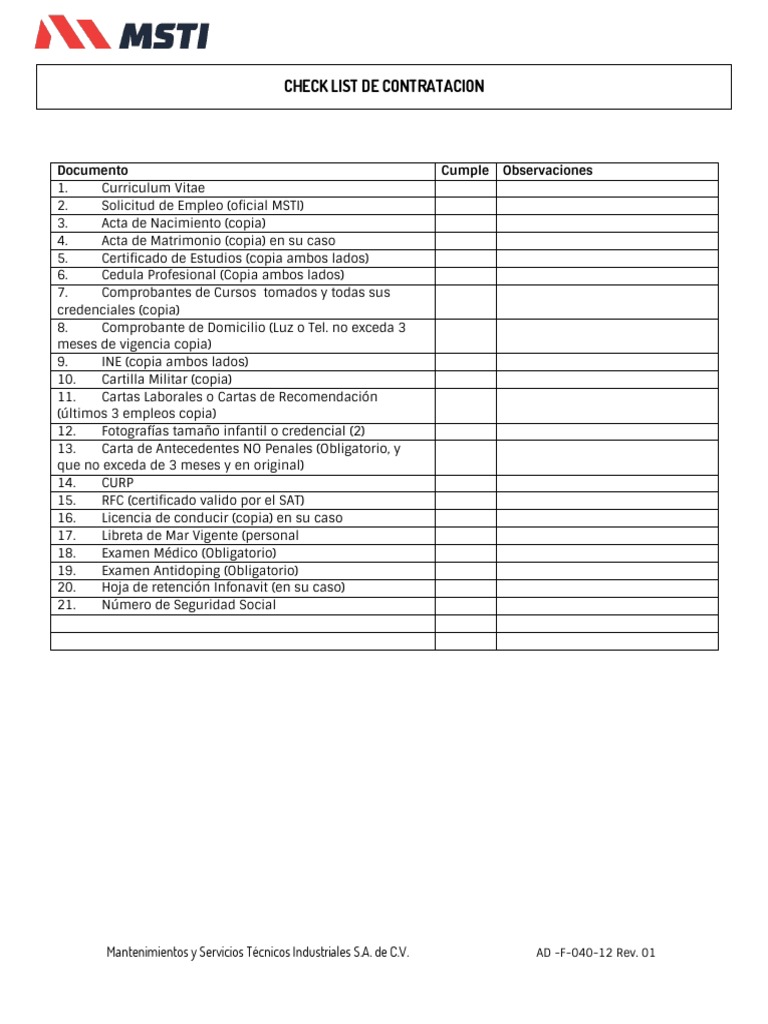 AD-F-040-12 Check List de Contratacion Nuevo | PDF