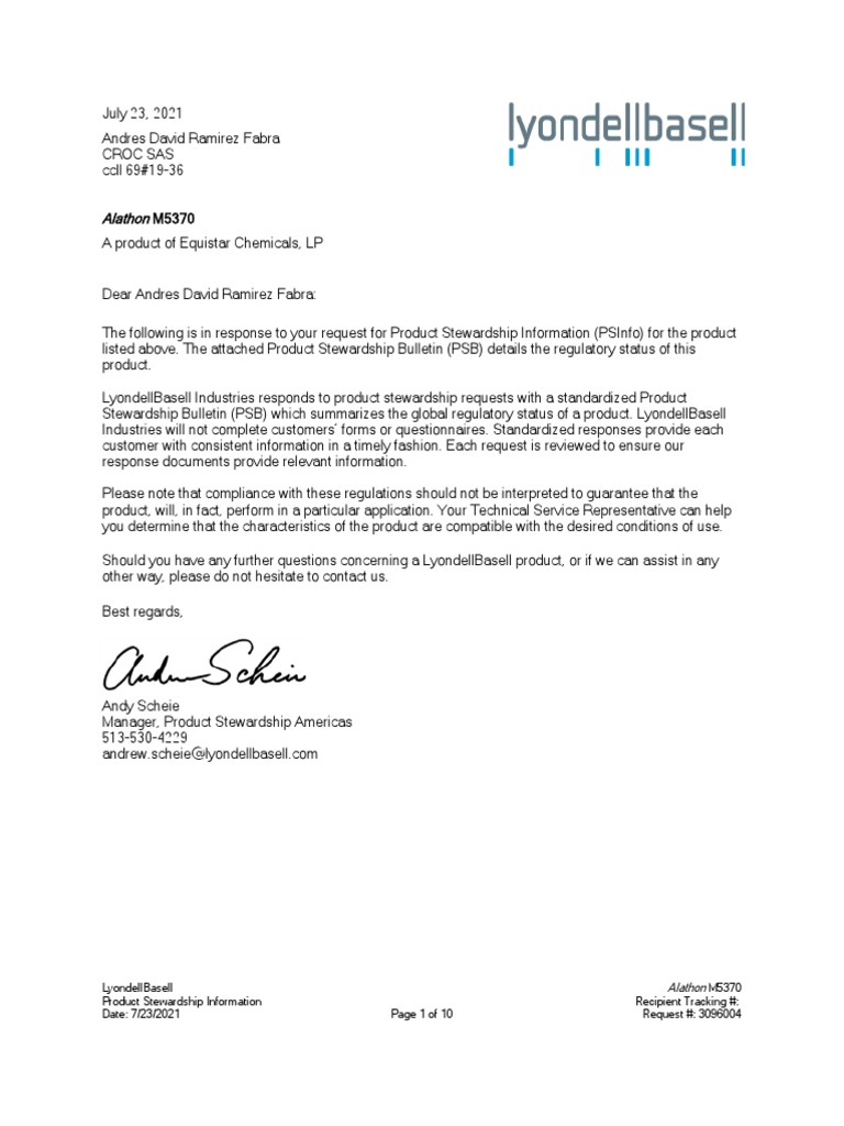 Alathon M5370 Product Stewardship Bulletin | PDF | Food Allergy ...