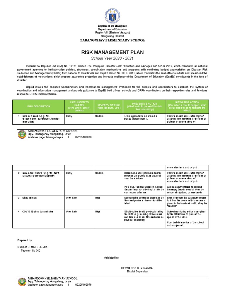 Risk Management Plan: School Year 2020 - 2021 | Download Free PDF ...
